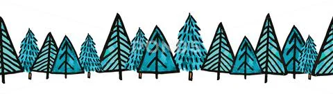 Blue Christmas trees vector border. Seamless pattern hand drawn doodle ...