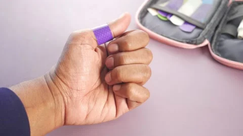 blue color adhesive bandage on hand | Stock Video | Pond5