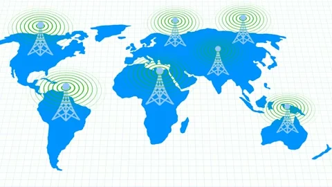 Blue color World map network tower wave ... | Stock Video | Pond5