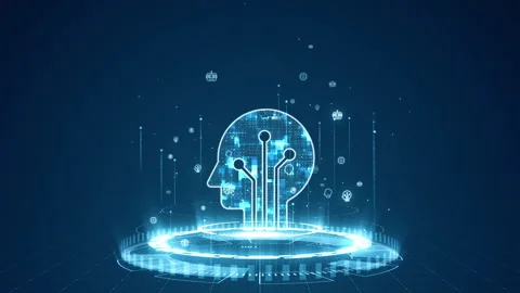 Blue digital robot head logo and circle ... | Stock Video | Pond5