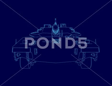 Blue drawing of a tank with a gun on top. The tank is shown in blue ...
