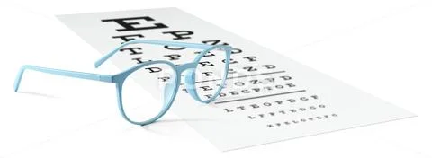 Blue eyeglasses on visual test chart isolated on white. Eyesight ...