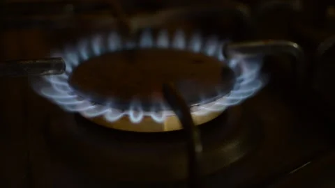 blue fire gas methane on a kitchen stove... | Stock Video | Pond5
