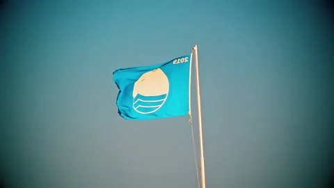 Blue flag as symbol of clean sea standin... | Stock Video | Pond5