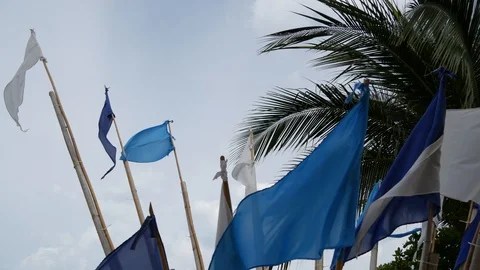 Blue flags waving in wind. Small triangu... | Stock Video | Pond5