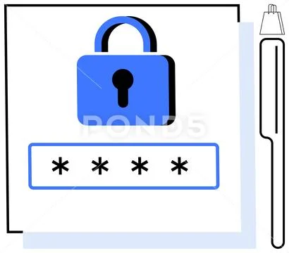 Blue lock icon above password entry field with asterisk symbols. Pen on ...