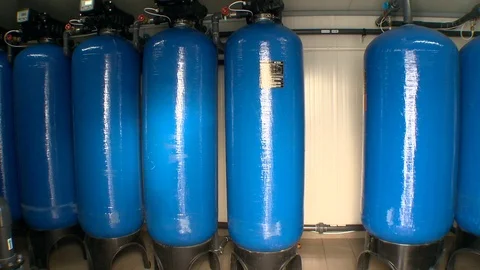 Blue oxygen water tanks used for water c... | Stock Video | Pond5