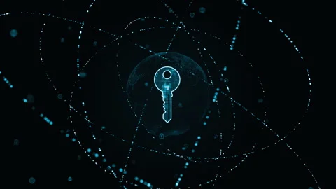 Blue security key logo with particle rin... | Stock Video | Pond5