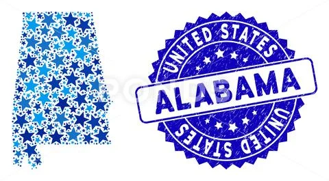 Blue Star Alabama State Map Composition and Grunge Stamp: Graphic ...
