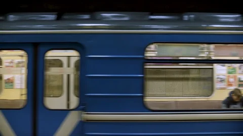 Blue subway train with people inside pic... | Stock Video | Pond5