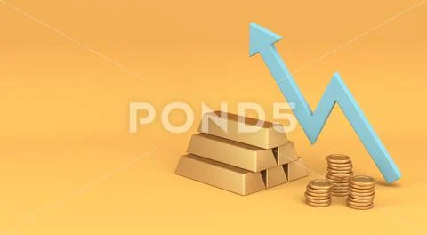 Blue uptrend chart with gold bars and money 3D: Graphic #175472913
