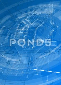 Blueprint house plan & blue technology radial background: Graphic #50350153