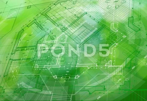 Blueprint house plan & green technology radial background - vector ...