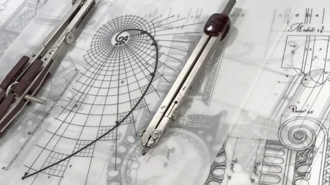 Blueprints - compass and drawing of the ... | Stock Video | Pond5