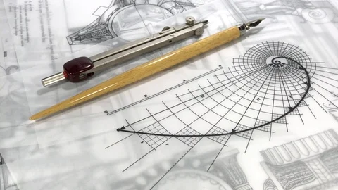 Blueprints - compass, fountain pen for c... | Stock Video | Pond5