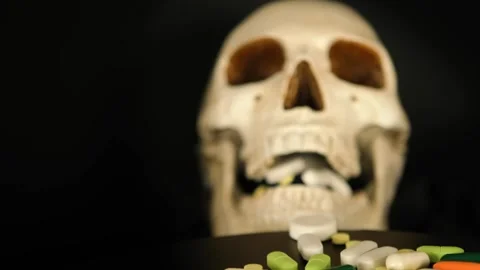 Blurred human skull and pile of pills of... | Stock Video | Pond5