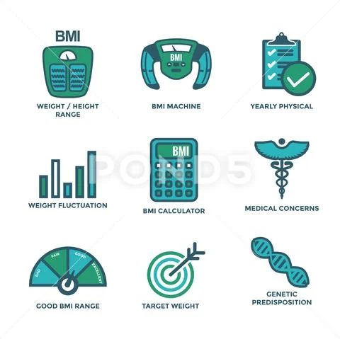 BMI - Body Mass Index Icon Set w BMI Machine, weight scale, etc ~ Clip ...