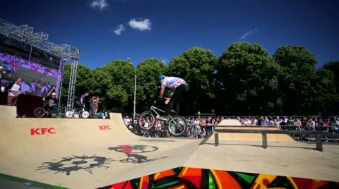 BMX riders perform on a ramp during the ... | Stock Video | Pond5