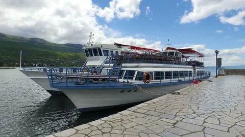 Boat and port from daily tour of Ohrid l... | Stock Video | Pond5