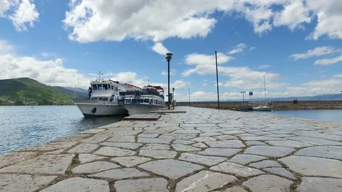Boat and port from daily tour of Ohrid l... | Stock Video | Pond5