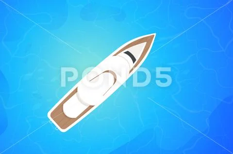 Boat, yacht in the sea top view in cartoon style, cruise transport ...