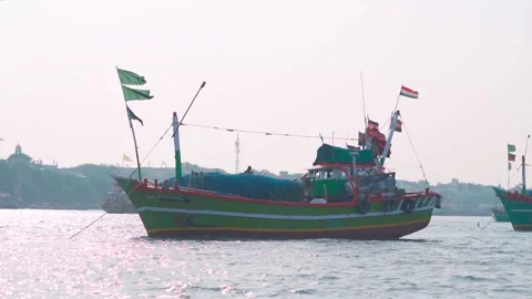 Boats in the Arabian sea at Okha Port in... | Stock Video | Pond5