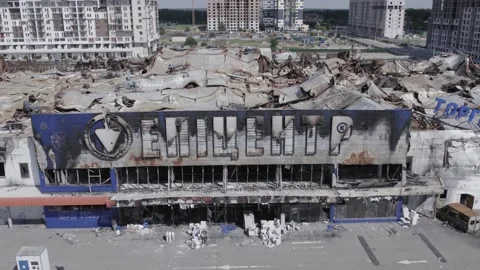 Bombed-out shopping mall in Bucha, Ukrai... | Stock Video | Pond5