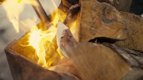 bonfire, burn a log in the afternoon on ... | Stock Video | Pond5