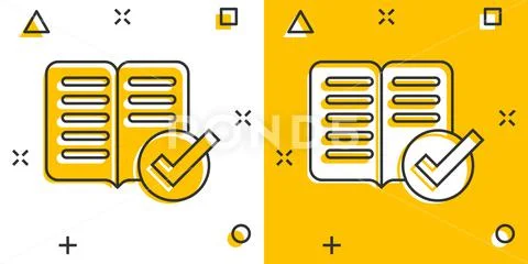 Book check mark icon in comic style. Bookmark approval cartoon vector ...