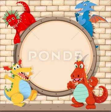 Border design with dragons on brick wall: Royalty Free #58824874