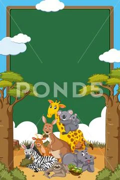 Border template design with many wild animals in background: Royalty ...