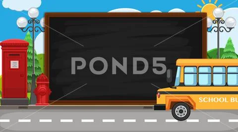 Border template with school bus on the road background: Graphic #136009037