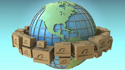 Boxes with Alibaba logo around the world... | Stock Video | Pond5