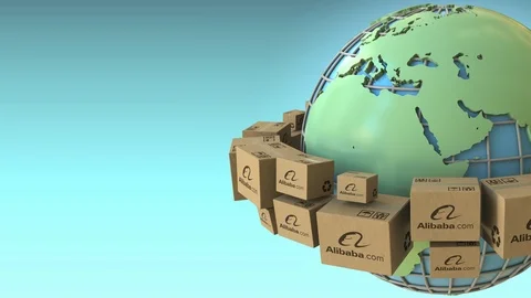 Boxes with Alibaba logo around the world... | Stock Video | Pond5