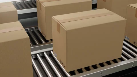 Boxes line up on a conveyor belt - 3D an... | Stock Video | Pond5