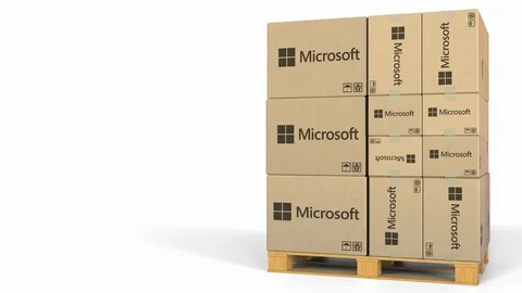 Boxes with Microsoft logo on warehouse p... | Stock Video | Pond5