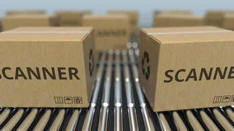 Boxes with scanners on roller conveyors.... | Stock Video | Pond5