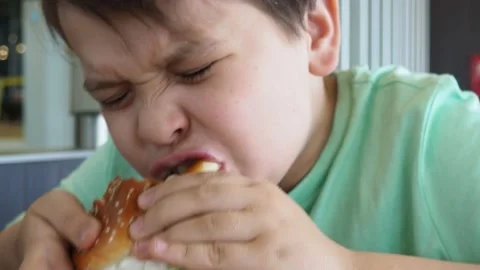 boy in a cafe eats fast food. junk food.... | Stock Video | Pond5