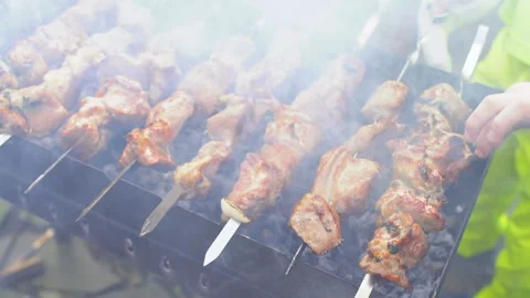 Boy checks meat readiness on the barbecu... | Stock Video | Pond5