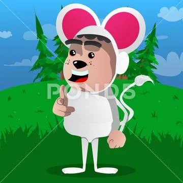 Boy dressed as mouse pointing at the viewer with his hand. Vector ...