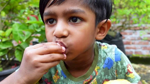A boy is eating an Orange | Stock Video | Pond5