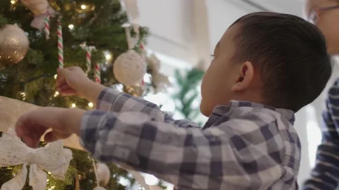 Boy helping big brother decorate Christm... | Stock Video | Pond5