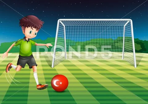A boy kicking the ball at the field with the flag of Turkey: Graphic ...
