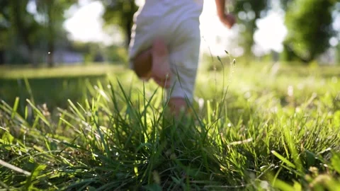 Boy kid run on grass in summer in park. ... | Stock Video | Pond5