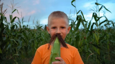 Boy making a mustache from corn hair | Stock Video | Pond5