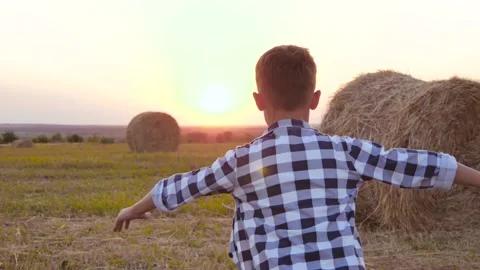 boy runs through a wheatfield haystackTh... | Stock Video | Pond5