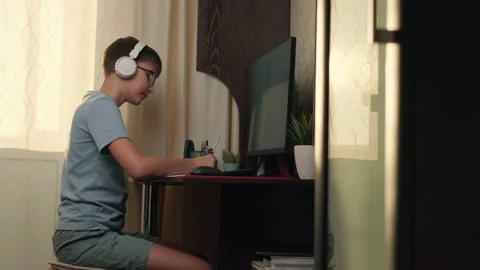 Boy talking on zoom with teacher and stu... | Stock Video | Pond5