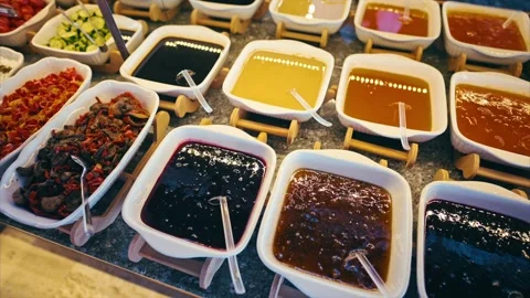 Breakfast food on display at the hotel b... | Stock Video | Pond5