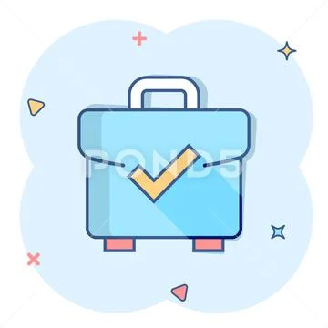 Briefcase accept icon in comic style. Portfolio approval cartoon vector ...