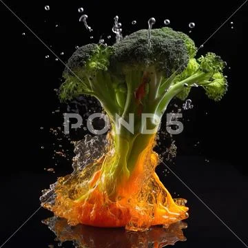 Broccoli in the clash of water and fire on black background.: Graphic ...